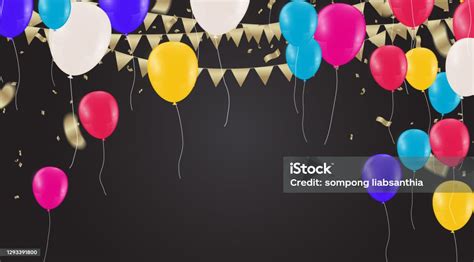 사실적인 비행 헬륨 풍선과 인사 디자인 풍선 색상 축하 축제 배경 인사말 배너 카드 포스터 고무에 대한 스톡 벡터 아트 및 기타 이미지 Istock