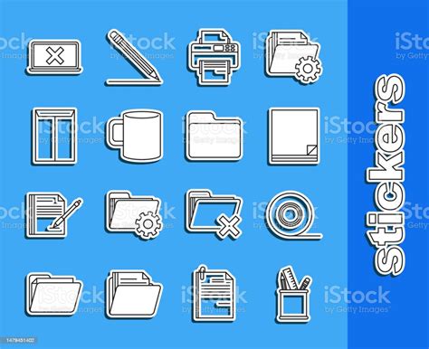 펜 케이스 문구 스카치 파일 문서 프린터 커피 컵 플랫 봉투 노트북 크로스 마크 화면 문서 폴더 아이콘을 설정합니다 벡터 0명에 대한 스톡 벡터 아트 및 기타 이미지