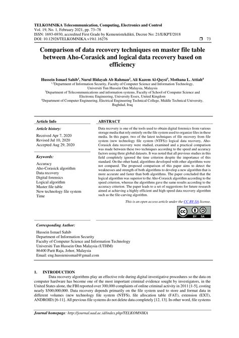 PDF Comparison Of Data Recovery Techniques On Master File Table Between Aho Corasick And