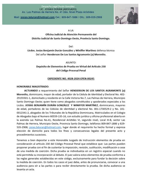 Deposito De Elementos De Prueba Morenito Pdf República Dominicana