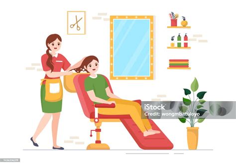 남성 또는 여성 고객을위한 이발소 거울 책상 및 헤어 커팅 장비가있는 이발 플랫 만화 손으로 그린 템플릿 일러스트 레이 션 가위에 대한 스톡 벡터 아트 및 기타 이미지