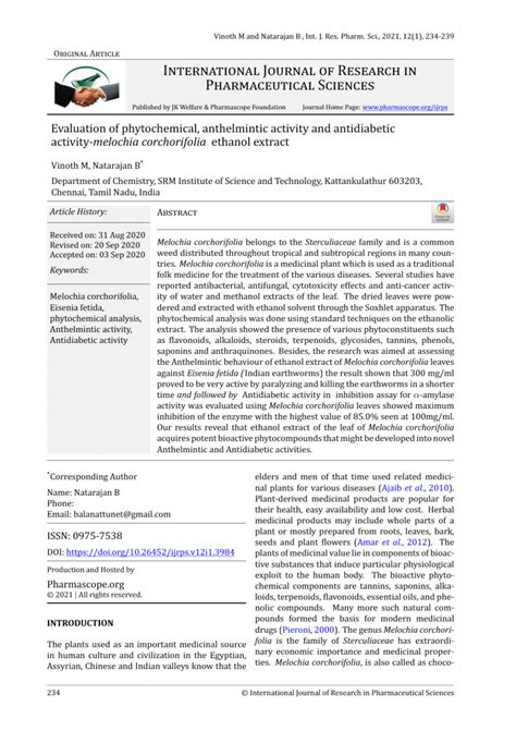 Pdf Evaluation Of Phytochemical Anthelmintic Activity And Antidiabetic Activity Melochia