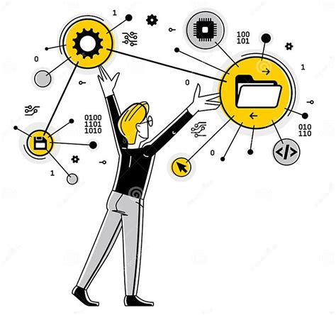 Programmer Is Coding And Repairing Some Machine System Vector Outline Illustration Computer