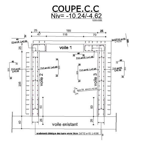 cross section c c of structure with reinforcement details in autocad 2d