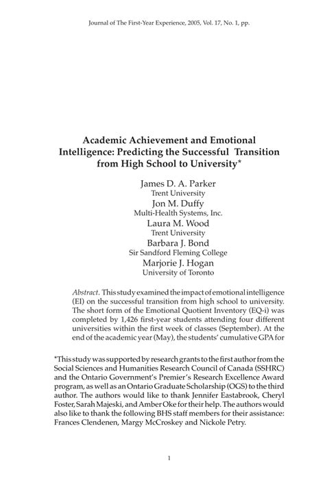 Pdf Academic Achievement And Emotional Intelligence Predicting The Successful Transition From