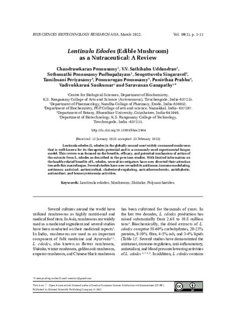 Pdf Lentinula Edodes Edible Mushroom As A Nutraceutical A Review