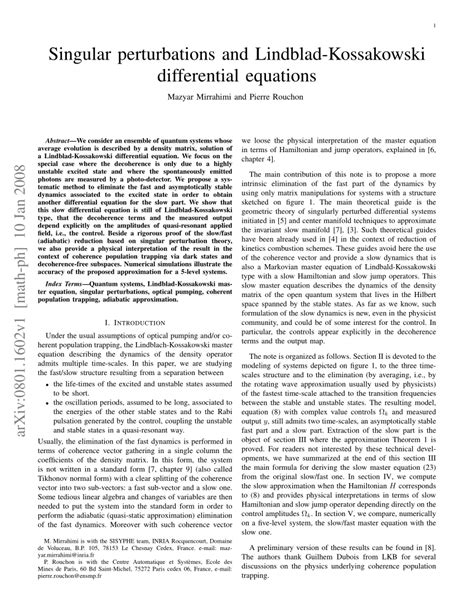 Pdf Singular Perturbations And Lindblad Kossakowski Differential Equations