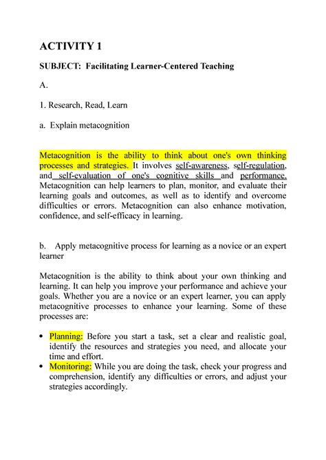 Activity 1 All About Metacognition Activity 1 Subject Facilitating Learner Centered Activity 1 All About Metacognition Activity 1 Subject Facilitating Learner Centered