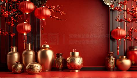 背景数字艺术 红色背景中国风灯笼金器背景插画 AI背景免费下载 png格式 4032像素 编号70910016 千图网