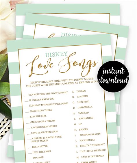 Disney Love Songs Bridal Shower Game Mint And Gold Bridal Shower