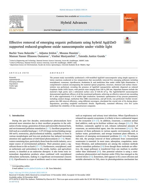 Pdf Effective Removal Of Emerging Organic Pollutants Using Hybrid Agzno Supported Reduced