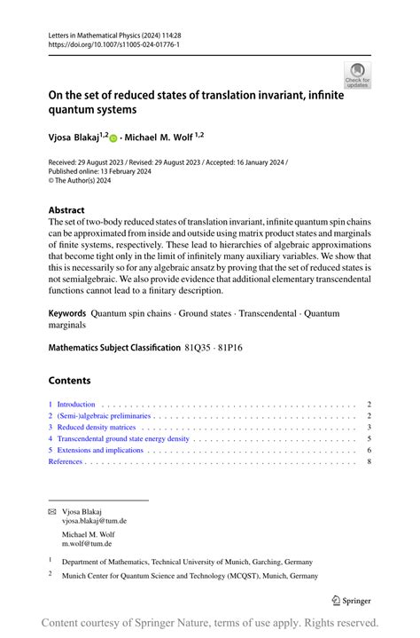 Pdf On The Set Of Reduced States Of Translation Invariant Infinite