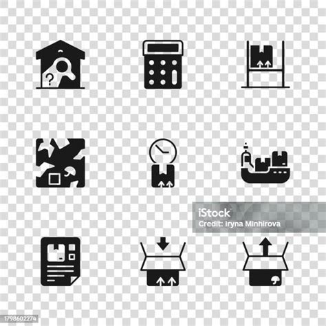 판지 판지 상자 상자 배달 Unboxing 골판지 시계 창고 인테리어 수표 계산기 및 깨진 아이콘과 화물선을 설정합니다 벡터 개봉에 대한 스톡 벡터 아트 및 기타 이미지