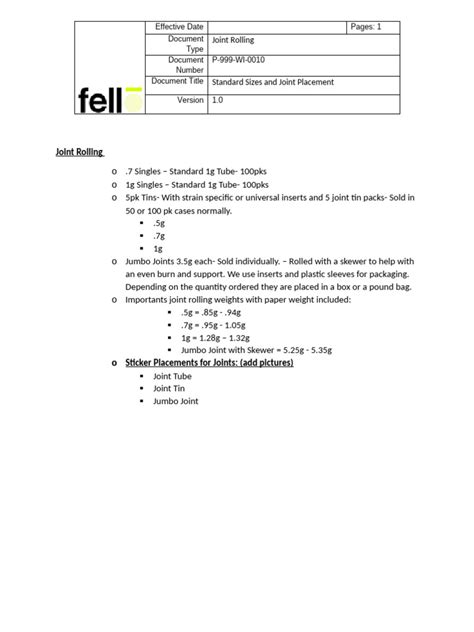Joint Rolling Sizes And Packaging Guide Pdf