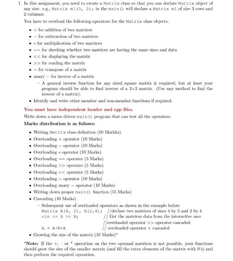 Solved In This Assignment You Need To Create A Matrix Class Chegg Com