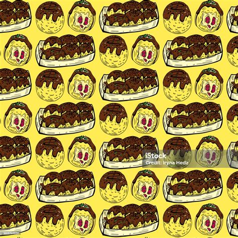 타코야키 일본식 도시락 상자 식사 원활한 벡터 패턴입니다 손으로 그린 동양 문어 공 인쇄물 전체에 여행을위한 귀여운 해산물 거리 음식 아시아 요리법 배경입니다 타코야끼에