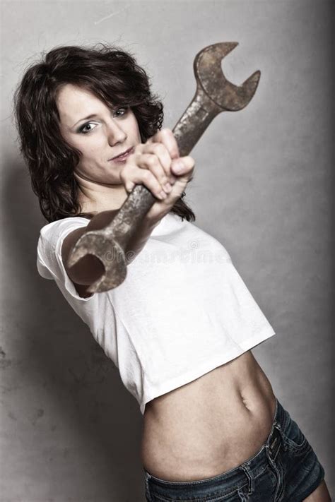 Girl Holding Wrench Spanner Tool Stock Photo Image Of Attractive Handyman 40770096