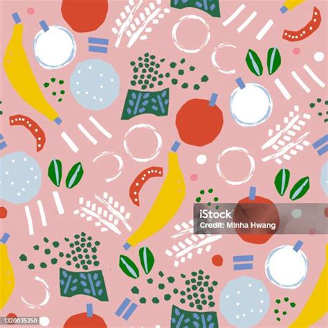 벡터 페인트 브러쉬 낙서 바나나 사과와 추상적인 모양 일러스트 모티프 원활한 반복 패턴 디지털 파일 패턴 아트워크 패션 프린트 연속무늬에 대한 스톡 벡터 아트 및 기타