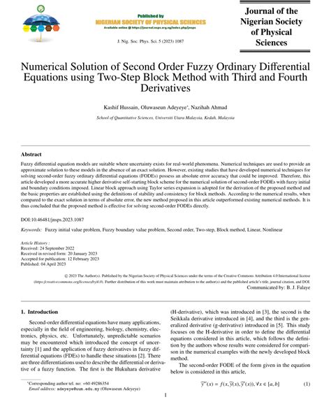 Pdf Numerical Solution Of Second Order Fuzzy Ordinary Differential