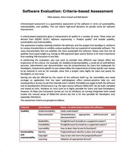 Software Evaluation Criteria Template