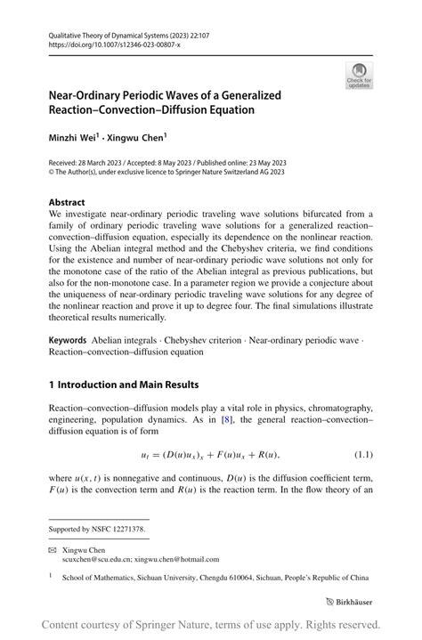 Near Ordinary Periodic Waves Of A Generalized Reaction Convection Diffusion Equation