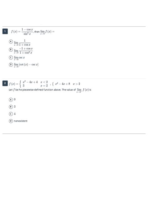 Limits And Continuity Mini Review 1 Mcq Pdf Mathematical Relations Mathematical Analysis