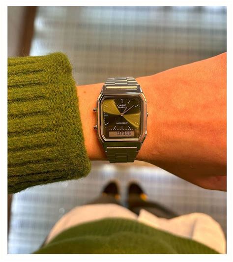 Casio Vintage 29 8mm Green Hybrid Dial Stainless Steel Bracelet Aq