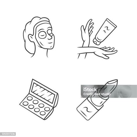 여성 위생 메이크업 선형 아이콘 세트 스킨 케어 속성 화장품 액세서리 얇은 라인 윤곽 기호 뷰티 살롱 제품 고립 벡터 개요 그림입니다 편집 가능한 스트로크 개념에 대한 스톡