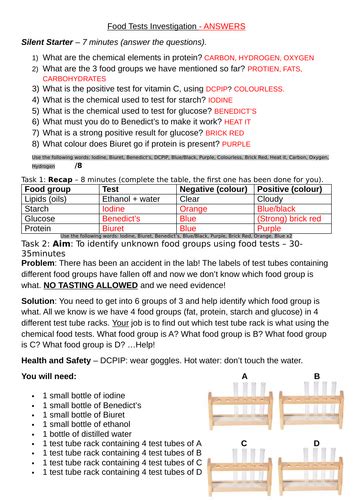 Igcse Food Tests Practical Worksheet And Answers Teaching Resources