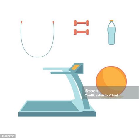 기호 평면 디자인 아이콘 세트입니다 벡터 Infographics 스포츠 장비 요소입니다 대 한 건강 한 생활양식 아령 밧줄 공 육상 트랙 및 갈증을 풀기 위해 물 한 병