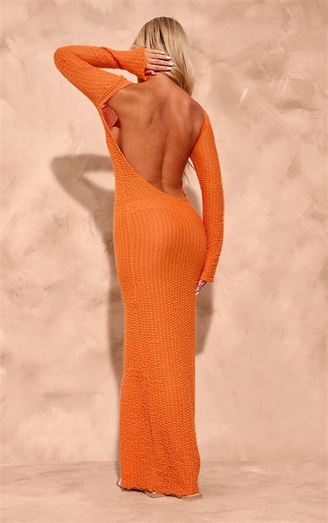 Orange Textured Crochet Backless Maxi Beach Dress Swimwear