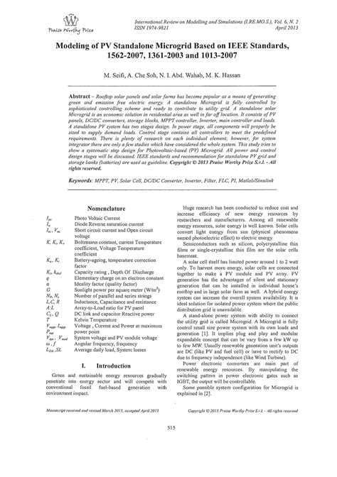 PDF Modeling Of PV Standalone Microgrid Based On IEEE Standards And