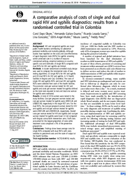 Pdf A Comparative Analysis Of Costs Of Single And Dual Rapid Hiv And Syphilis Diagnostics