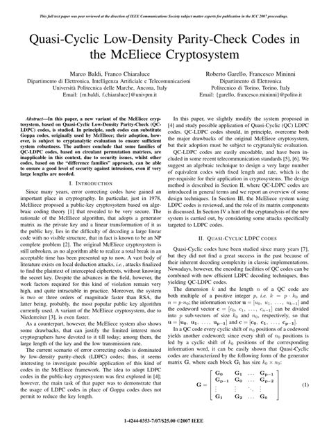 Pdf Quasi Cyclic Low Density Parity Check Codes In The Mceliece