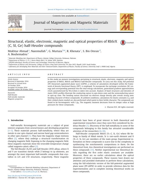 Pdf Structural Elastic Electronic Magnetic And Optical Properties Of Rbsrx C Si Ge Half