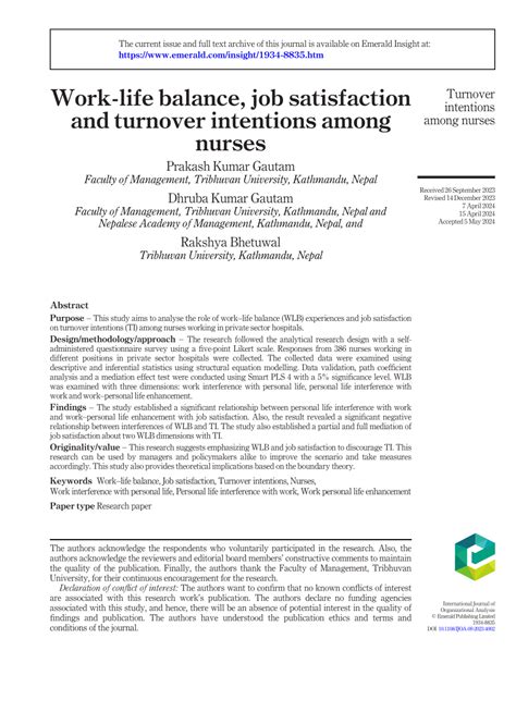 Pdf Work Life Balance Job Satisfaction And Turnover Intentions Among Nurses Turnover