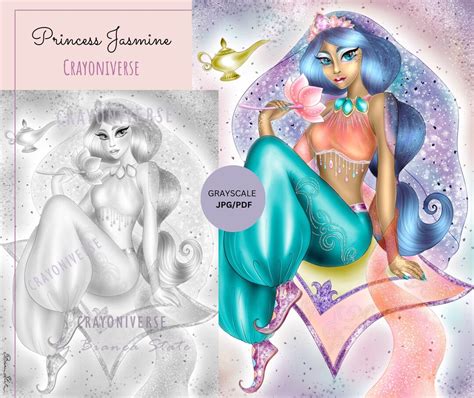 Princess Jasmine Coloring Page For Adults Instant Download Printable File Grayscale