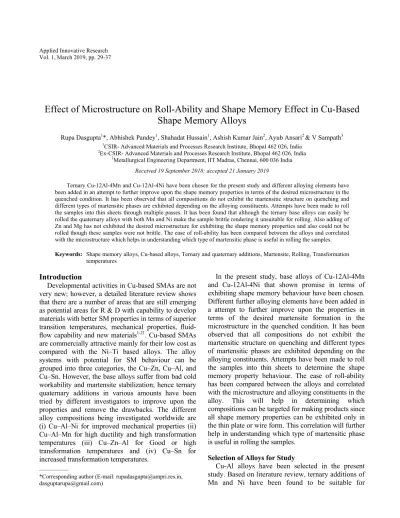 Effect Of Microstructure On Roll Ability And Shape Memory Effect In Cu Based Shape Memory Alloys