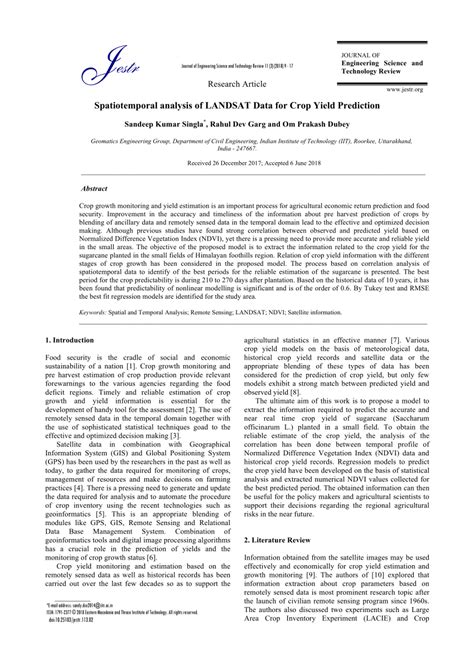 Pdf Spatiotemporal Analysis Of Landsat Data For Crop Yield Prediction