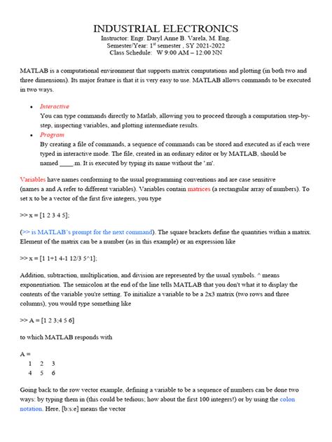 Matlab Introduction 09222021 Pdf Matrix Mathematics Logarithm