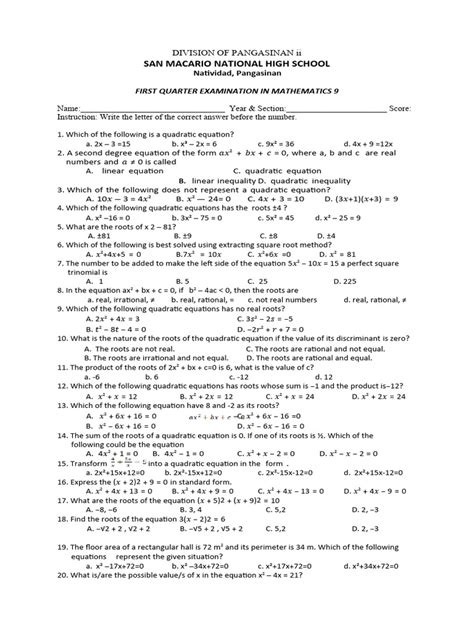 Q1 Math 9 Actual Exam Pdf Quadratic Equation Equations