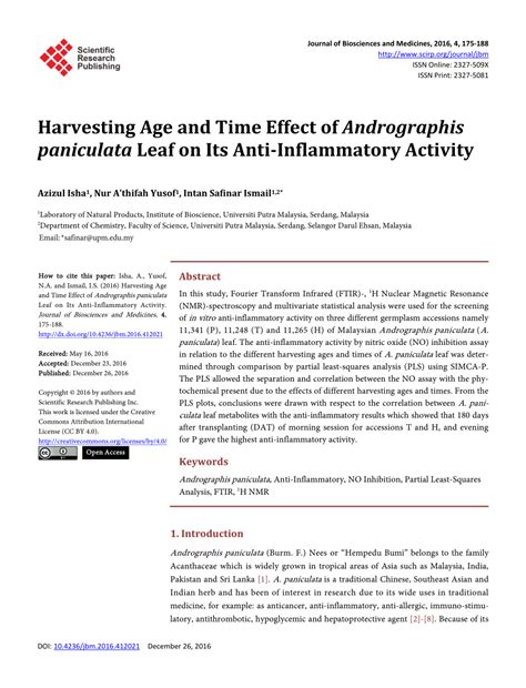 Pdf Harvesting Age And Time Effect Of Andrographis Paniculata Leaf On Its Anti Inflammatory