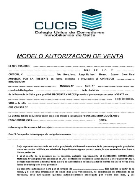 137 Modelo De Autorizacion De Venta Pdf