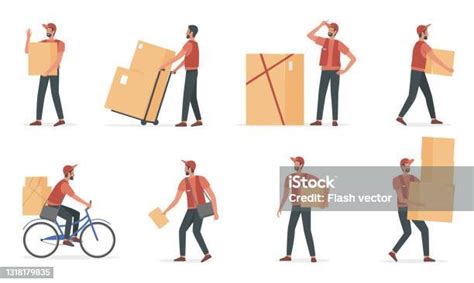 택배 기사가 배달 서비스 세트 골판지 상자를 들고 있는 젊은 배달원 상자에 대한 스톡 벡터 아트 및 기타 이미지 상자 나름 배달 Istock