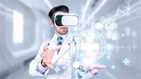 Doctor Wearing Lab Coat And Vr Headset While Looking At Hologram Deviation Stock Illustration