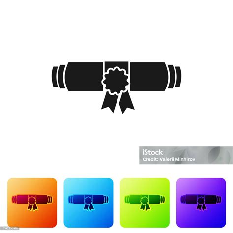 블랙 디플로마 흰색 바탕에 스탬프와 리본 아이콘 스크롤 두루마리 왁 스 씰이 있는 페이퍼 스크롤 졸업 컨셉 비즈니스 인증서 색상