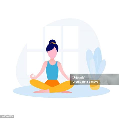 벡터 일러스트 레이 션 Garbha Pindasana Asana 또는 자궁에서 태아 위치를 연습하는 여성 집에서 요가 운동을하는