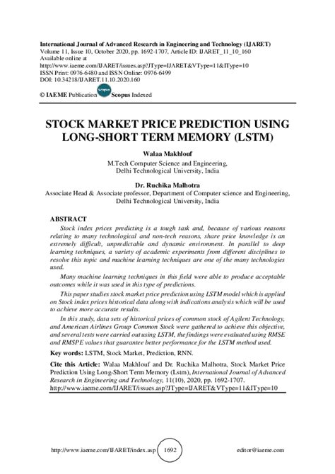 Pdf Stock Market Price Prediction Using Long Short Term Memory Lstm