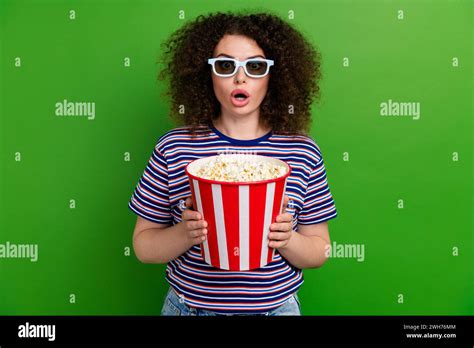 Photo Of Speechless Impressed Girl Open Mouth Hold Popcorn Watch Film 3d Glasses Isolated On