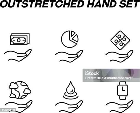 상점 상점 웹 사이트를위한 평면 스타일의 흑백 표지판 편집 가능한 스트로크 돈 원형 차트 퍼즐 지구 물 손 너머의 상징으로 설정된 벡터 선 아이콘 기도하기에 대한 스톡 벡터